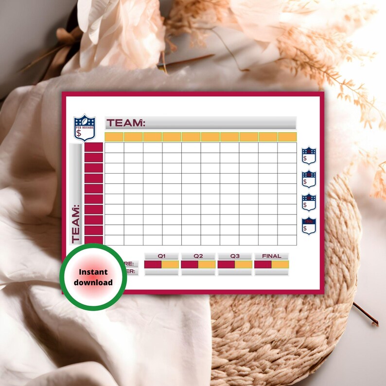 Super Bowl Football Squares: 100 Square Pool, Printable Fundraiser (PDF ...