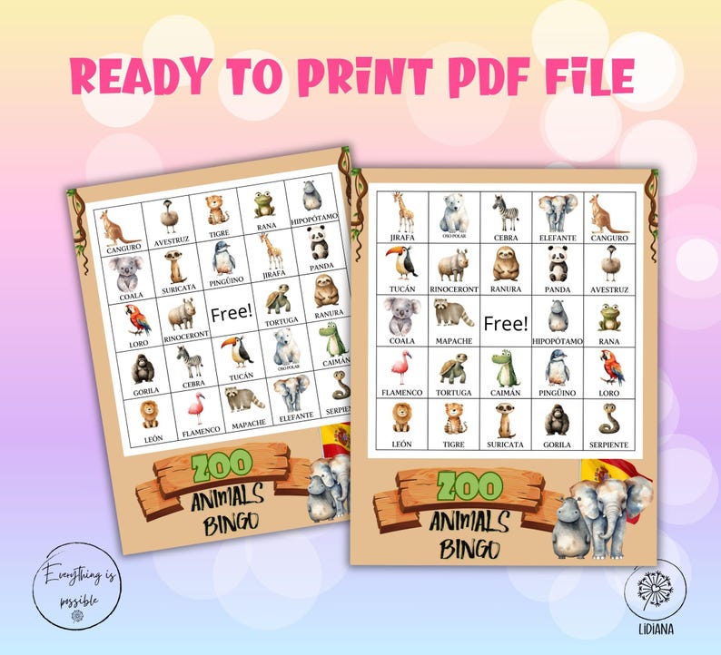 Zoo Animals Bilingual Bingo: Spanish Learning Game (digital Download ...