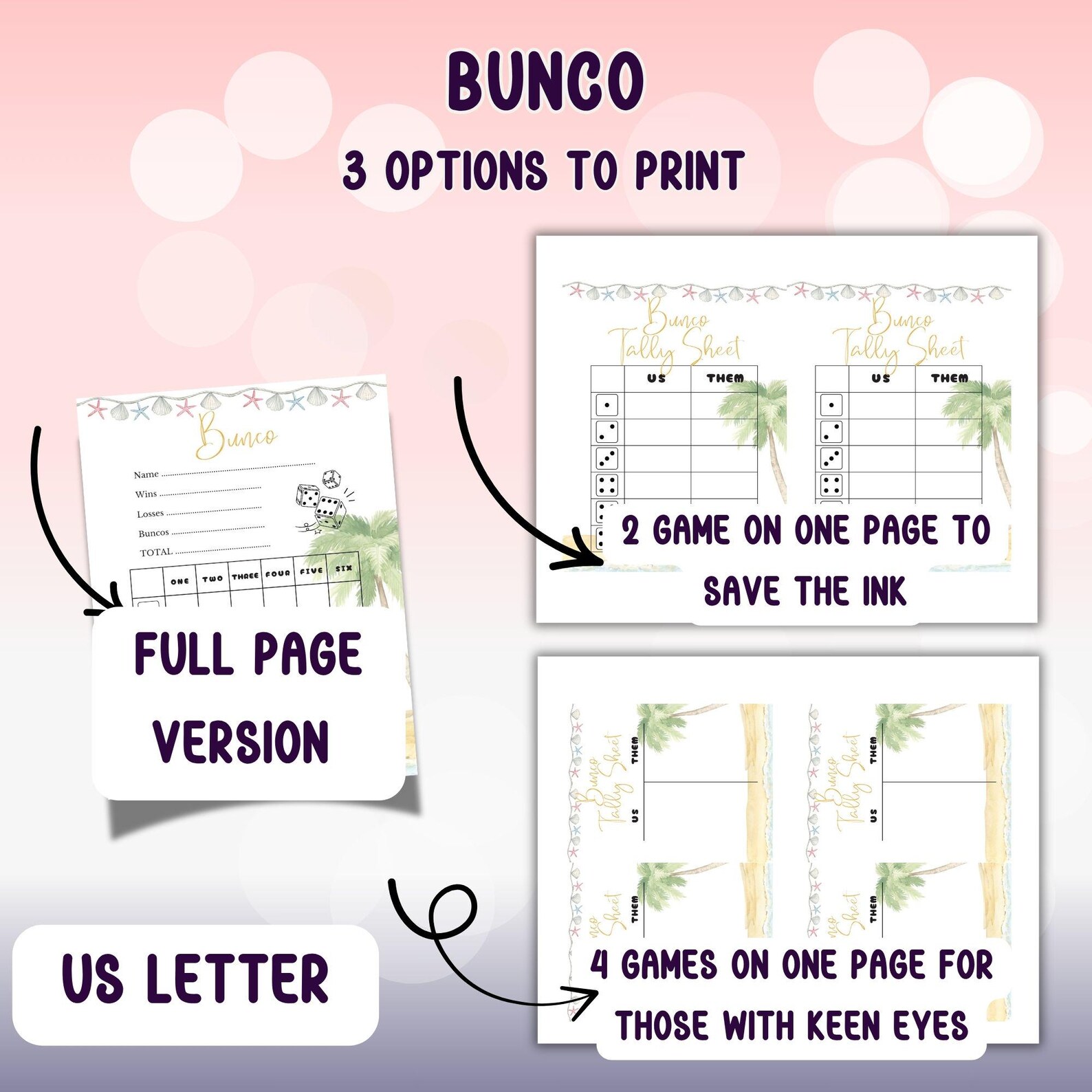 Summer Bunco Game Kit: Printable Scorecards, Tally Sheets (digital ...