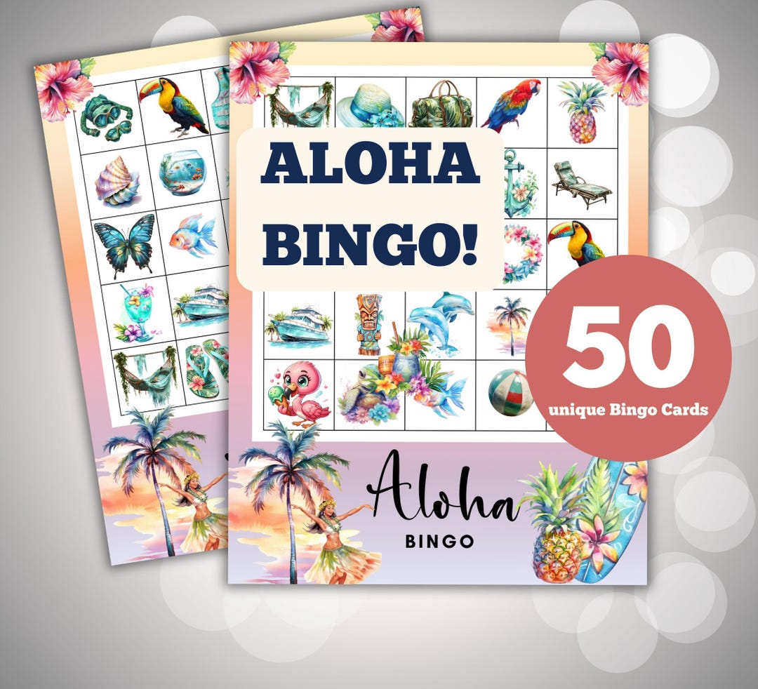 Aloha Bingo Game - 50 Bingo Cards for Girls Game Night, Luau Hawaiian ...