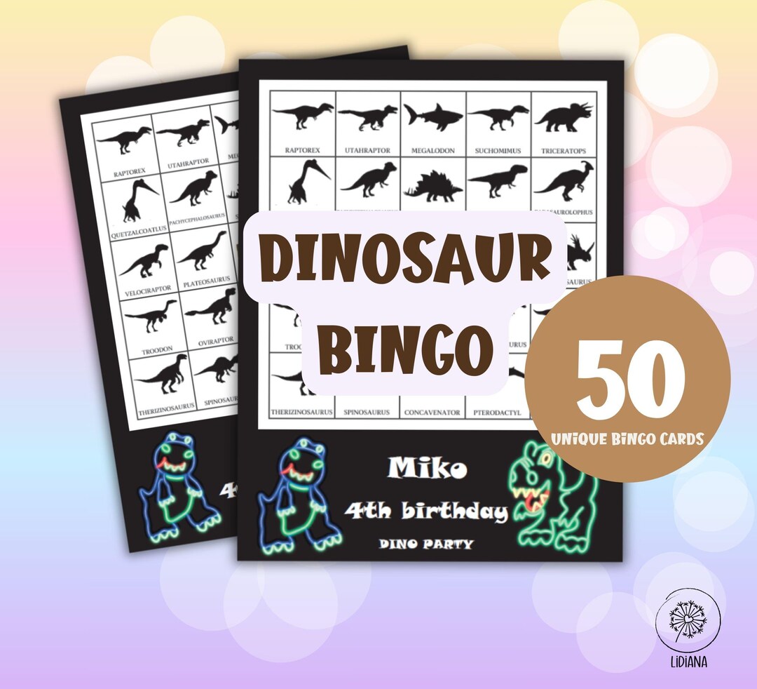 Dinosaurs Bingo With Personalize Text & Add Pic, 50 Dino Baby Shower ...