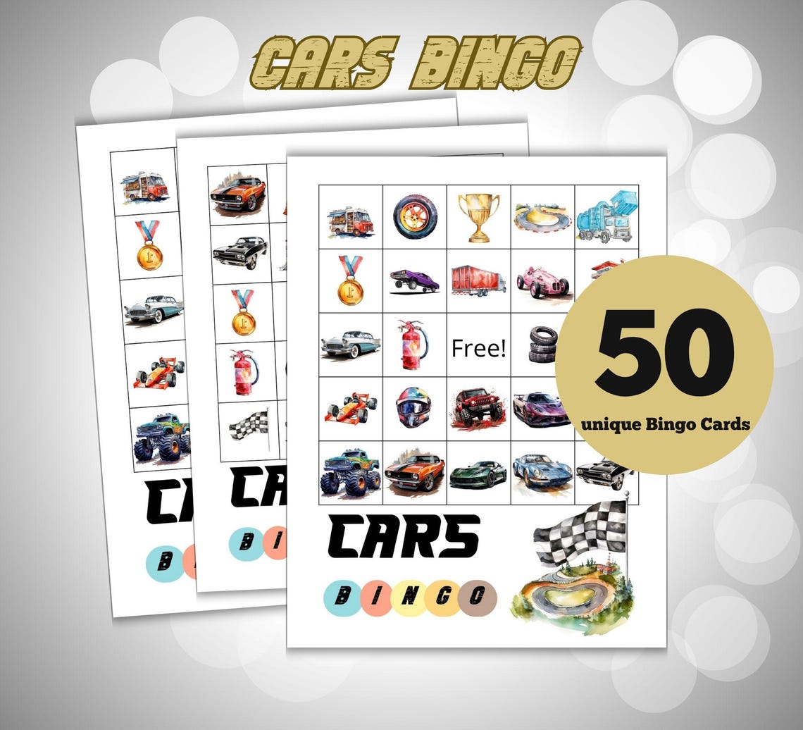 Cars Bingo Game: 50 Unique Printable Cards (digital Download) - Etsy
