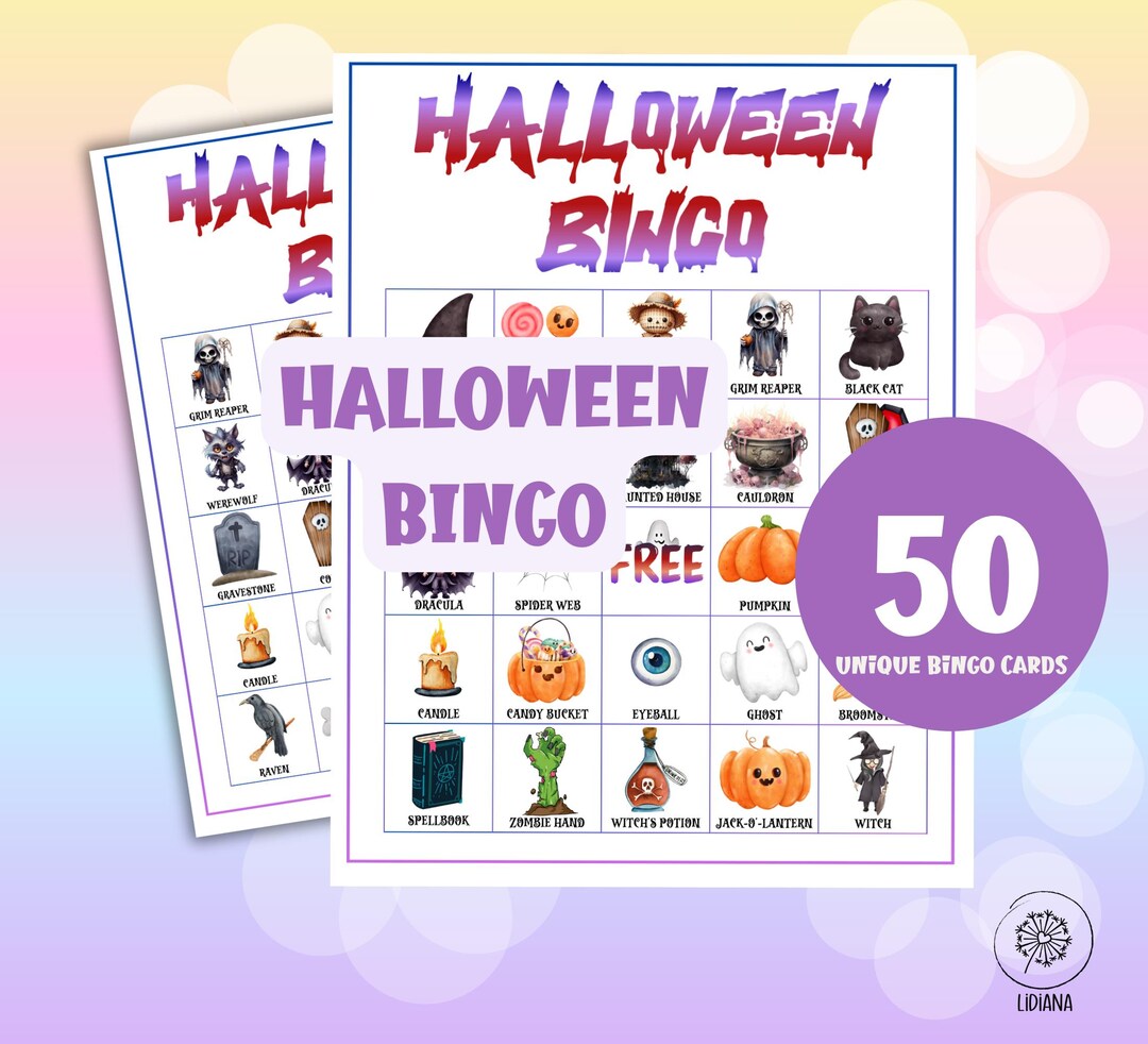 Halloween Bingo Game: 50 Unique Cards for Spooky Movie Night (digital ...