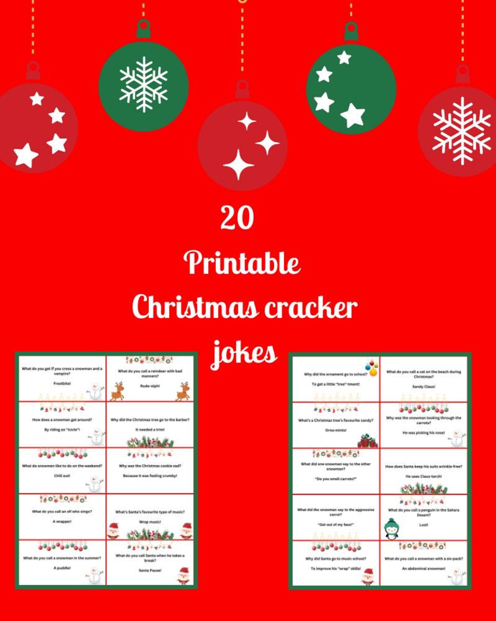 20 Christmas Cracker Jokes Printable, Instant Download A4 & US Letter ...