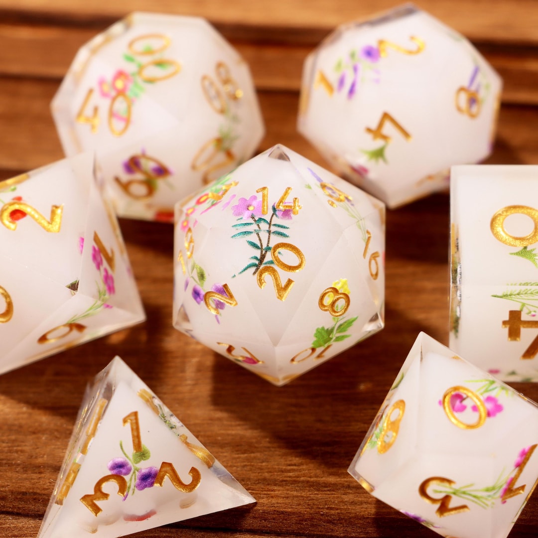 White Meadow Bloom Dice, Floral Enchanted Garden, Gold Sharp Edge Resin ...