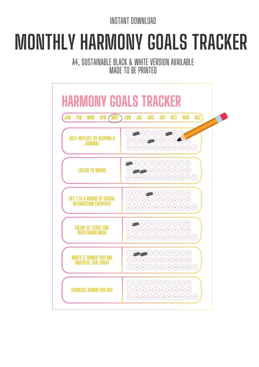 Harmony Goals Tracker Printable Joyful Living Tracker Daily Happiness ...