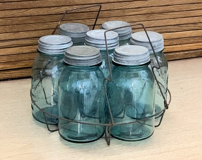 Blue Ball Jars, Metal Holder, Vintage Quart Ball Jars, One Pc Zinc Lids ...