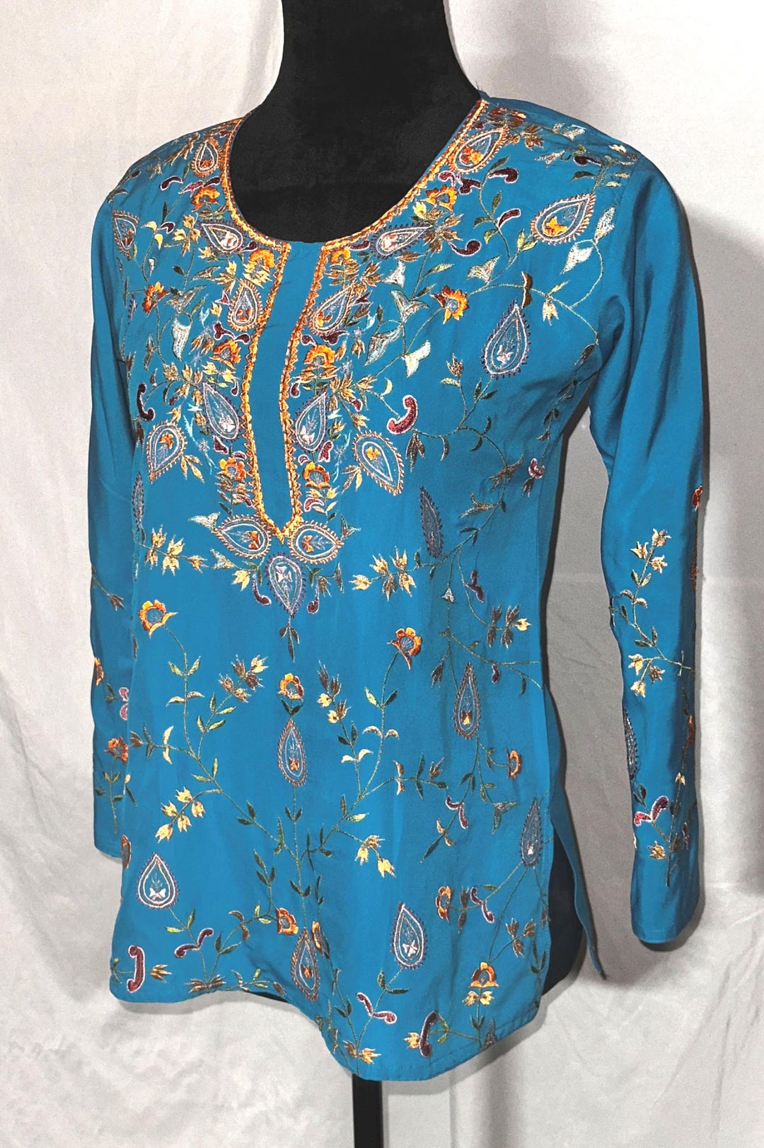 Indian Sari Blouse, Tribal Tunic, Turquoise Blue Gold Embroidery, Size ...