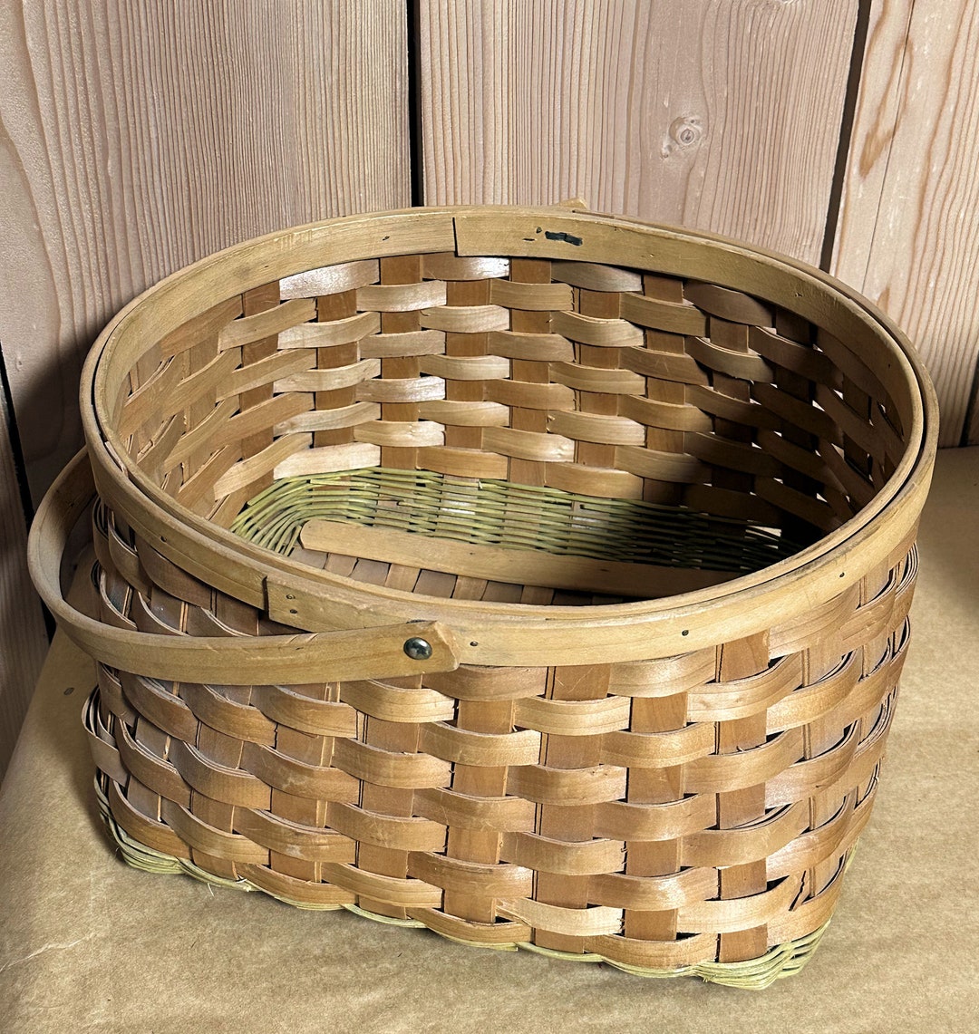 Vintage Basket, Wood Strips, Handle, Large Collecting Basket, Green ...