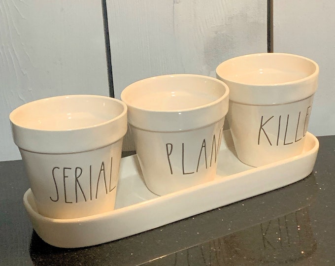 Rae Dunn Flower Pots W/tray, Serial Plant Killer, 4 Pc Set - Etsy