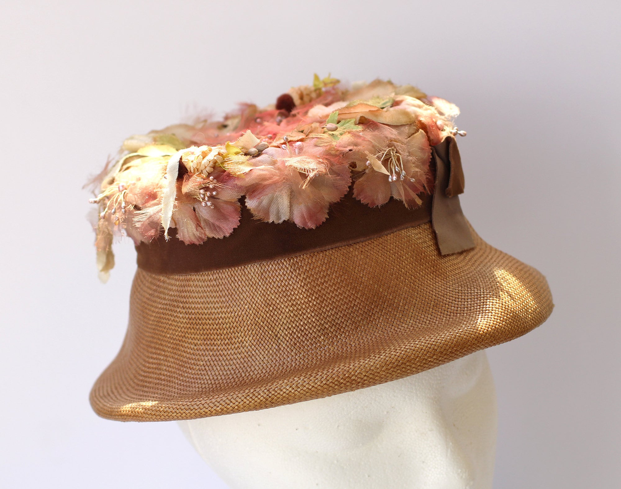Vintage 1940's 1950's Millinery Hat Fine Straw Silk and Velvet Pink ...