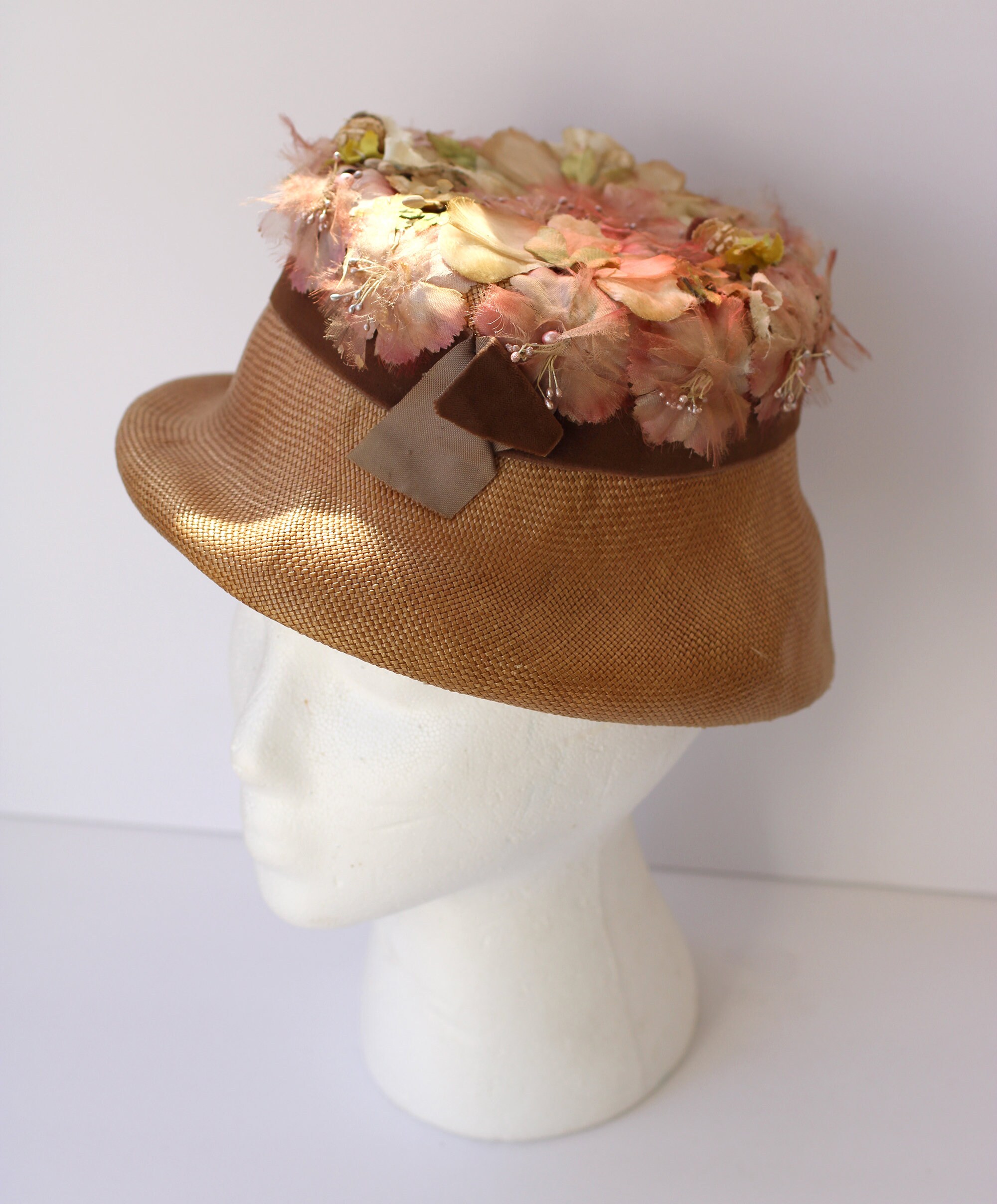 Vintage 1940's - 1950's Millinery Hat Fine Straw Silk and Velvet Pink ...