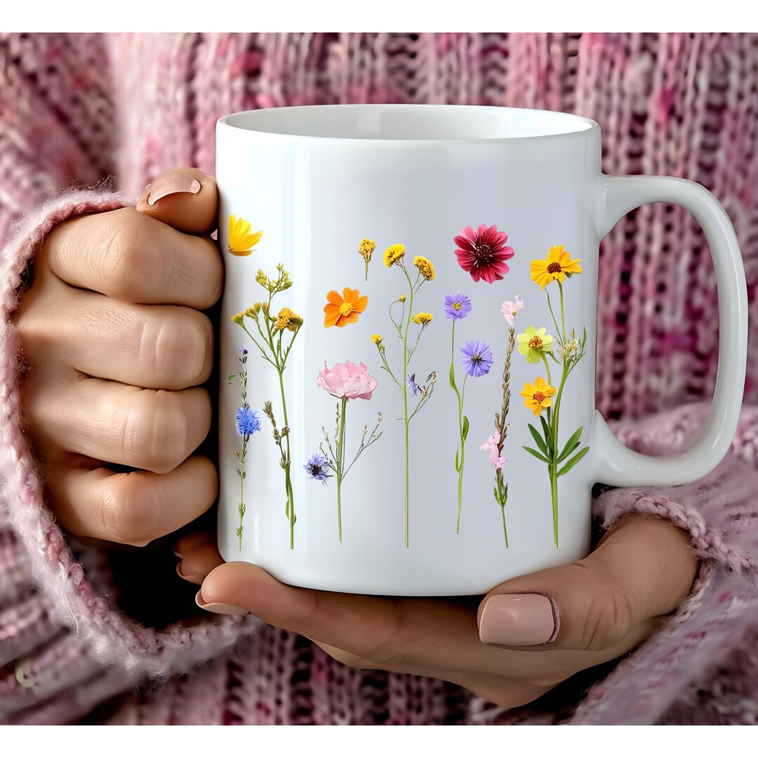 Wildflower Mug Floral Mug Boho Wildflowers Coffee Mug Pressed Flowers ...