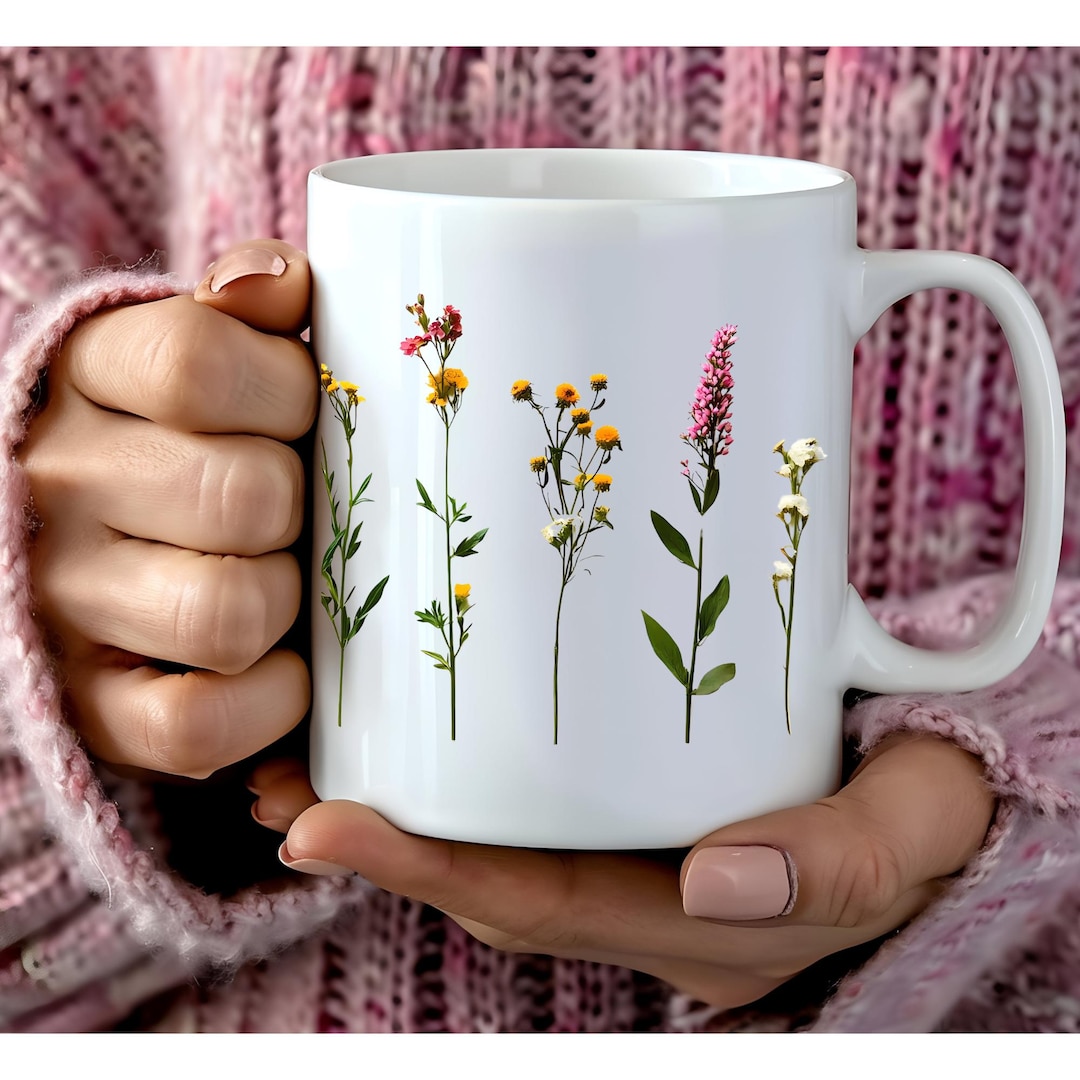 Wildflower Mug Floral Mug Boho Wildflowers Coffee Mug Pressed Flowers ...