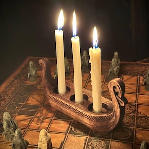 Viking Longship Drakkar Candle Holder – Hand-carved Wooden for Three ...