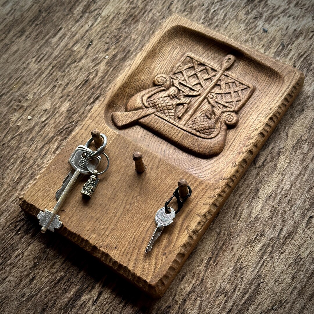 Viking Drakkar Wall Key Holder – Hand Carved Oak Norse Ship With ...