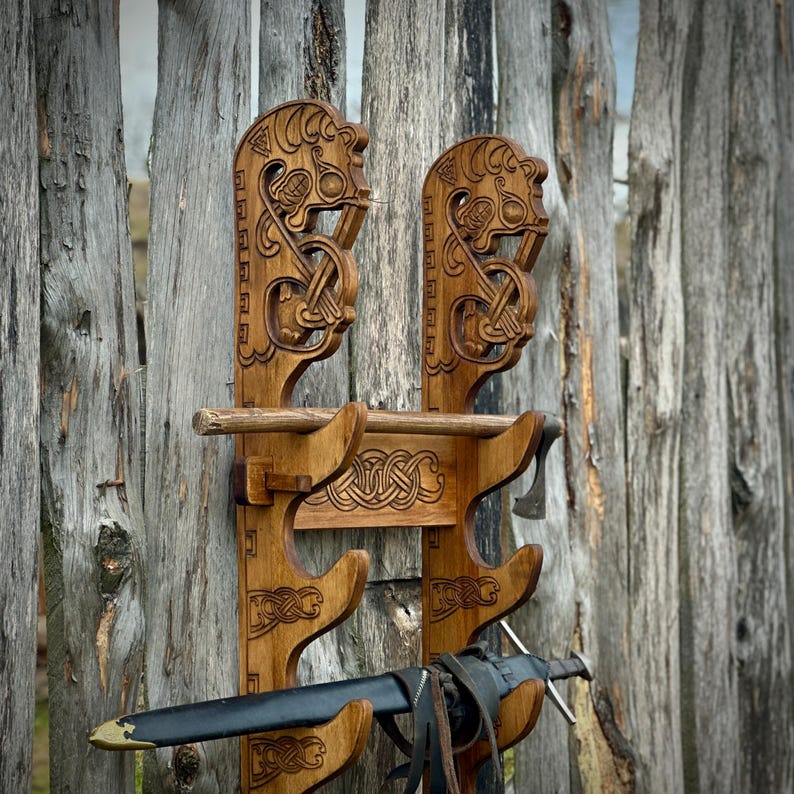 Oak Weapon Rack With Dragon Carving for 5 Items - Etsy