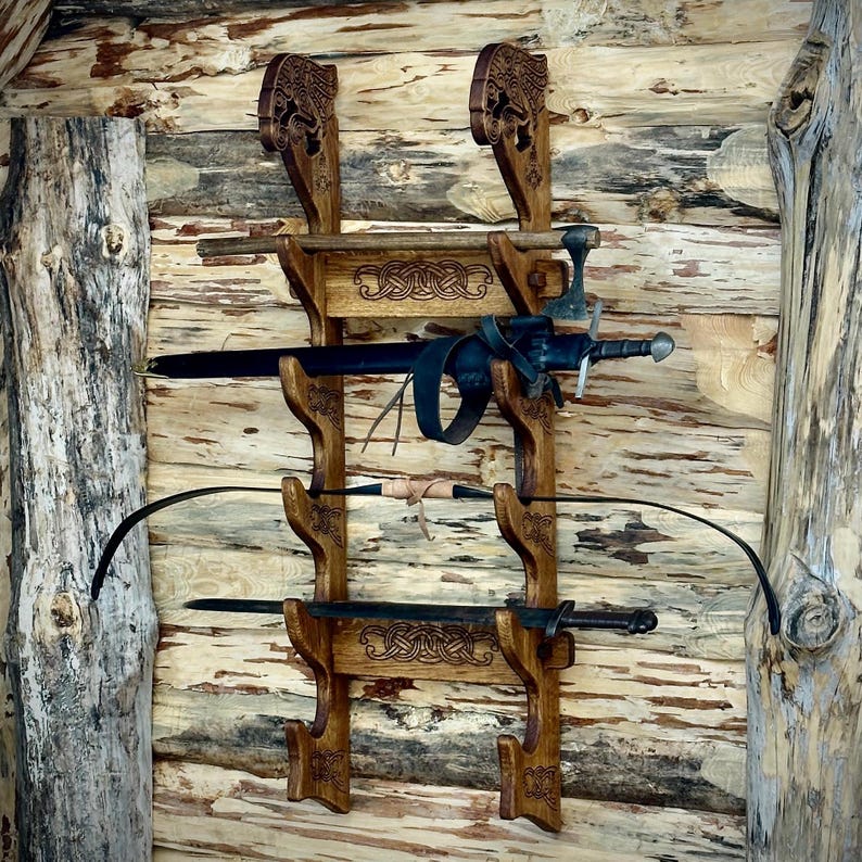 Oak Weapon Rack With Raven Carving for 5 Items - Etsy