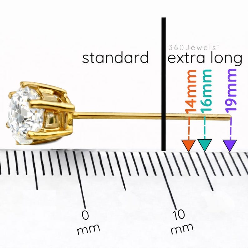 Extra Long Post CZ Stud Earrings for Thick Earlobes | 24K Gold Plate on ...