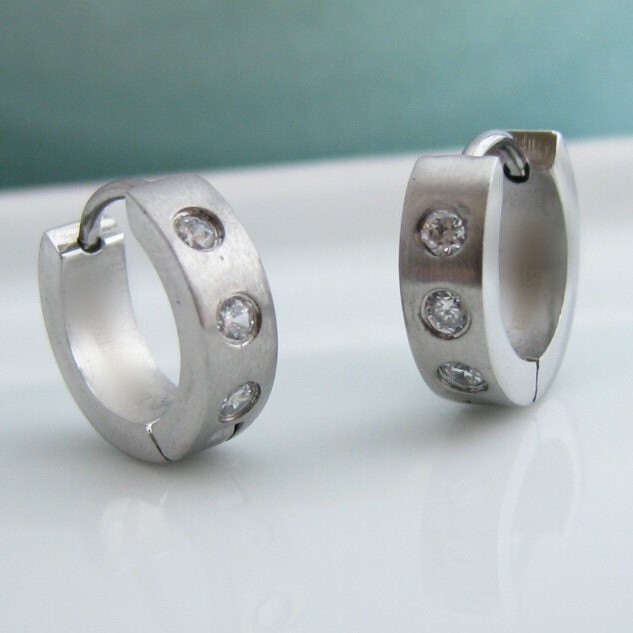 Men's Hoop Earrings Triple Diamond Cz in Steel Hoop | Etsy