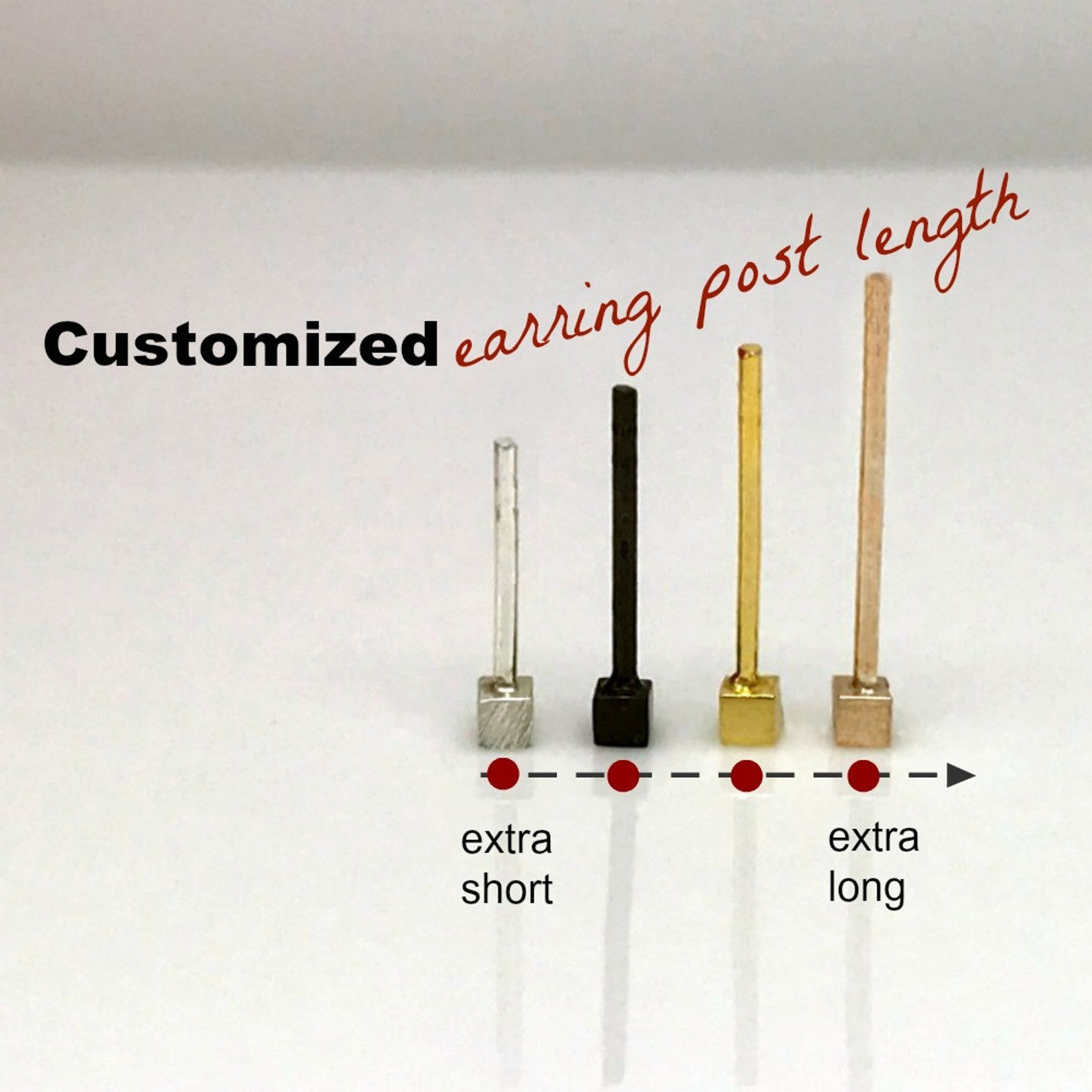 Extra Long Post Earrings, Tiny Cube Stud Earring, Custom Length - Etsy