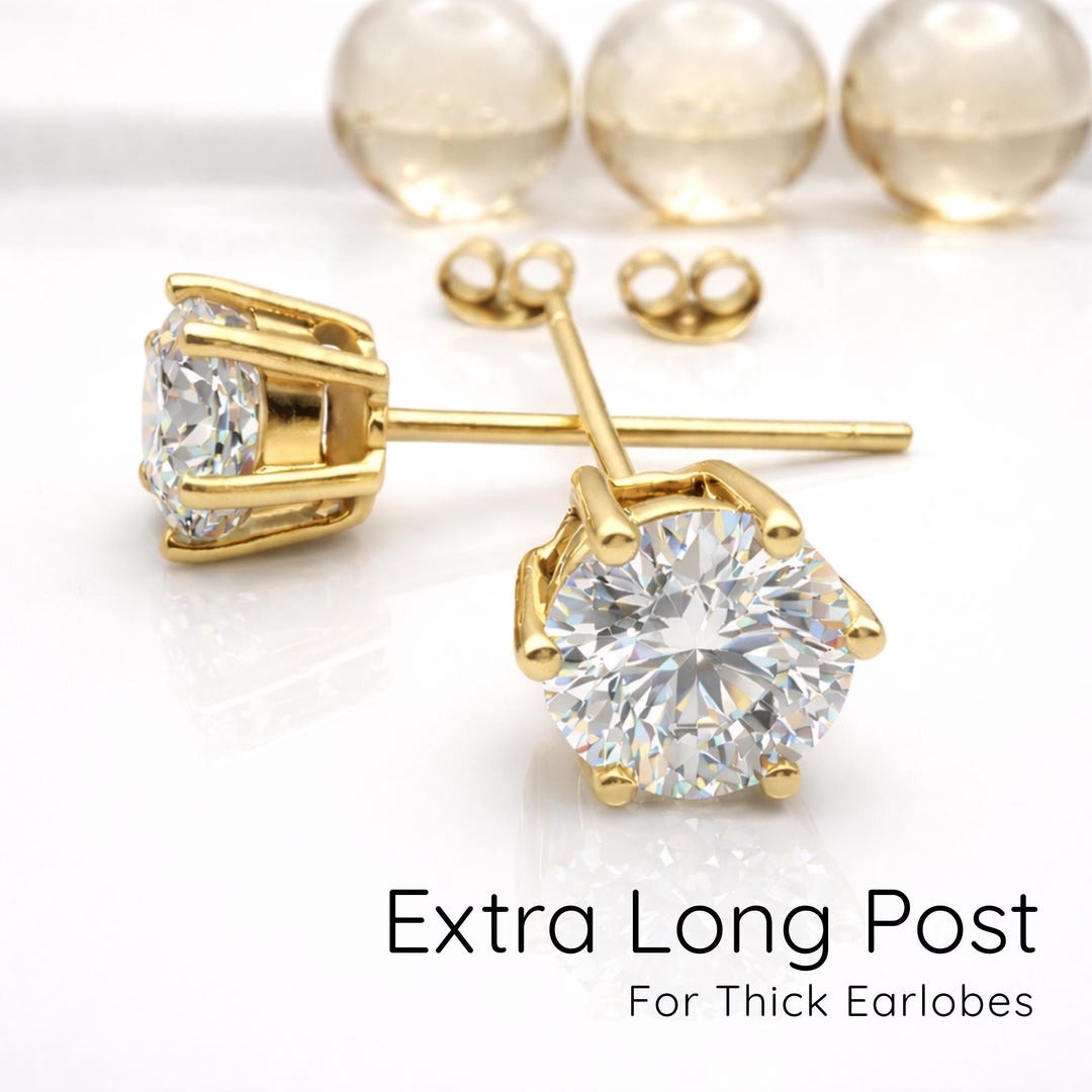 Extra Long Post CZ Stud Earrings for Thick Earlobes | 24K Gold Plate on ...