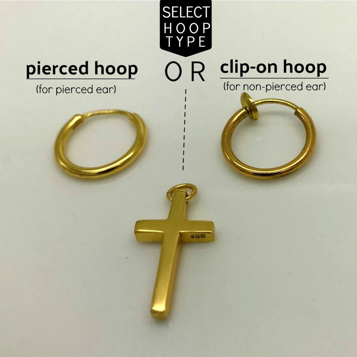 Gold Cross Earring for Men, Cross Hoop Earring, Clip on and Pierced ...