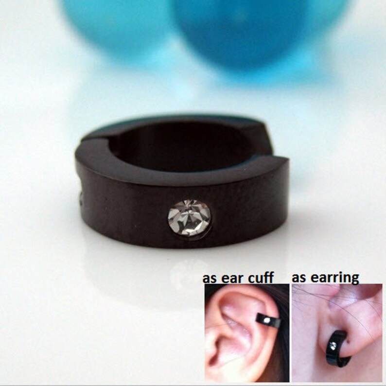 Midnight Black Clip on Hoop Earring, Mens Earrings, Diamond Cz Accent ...