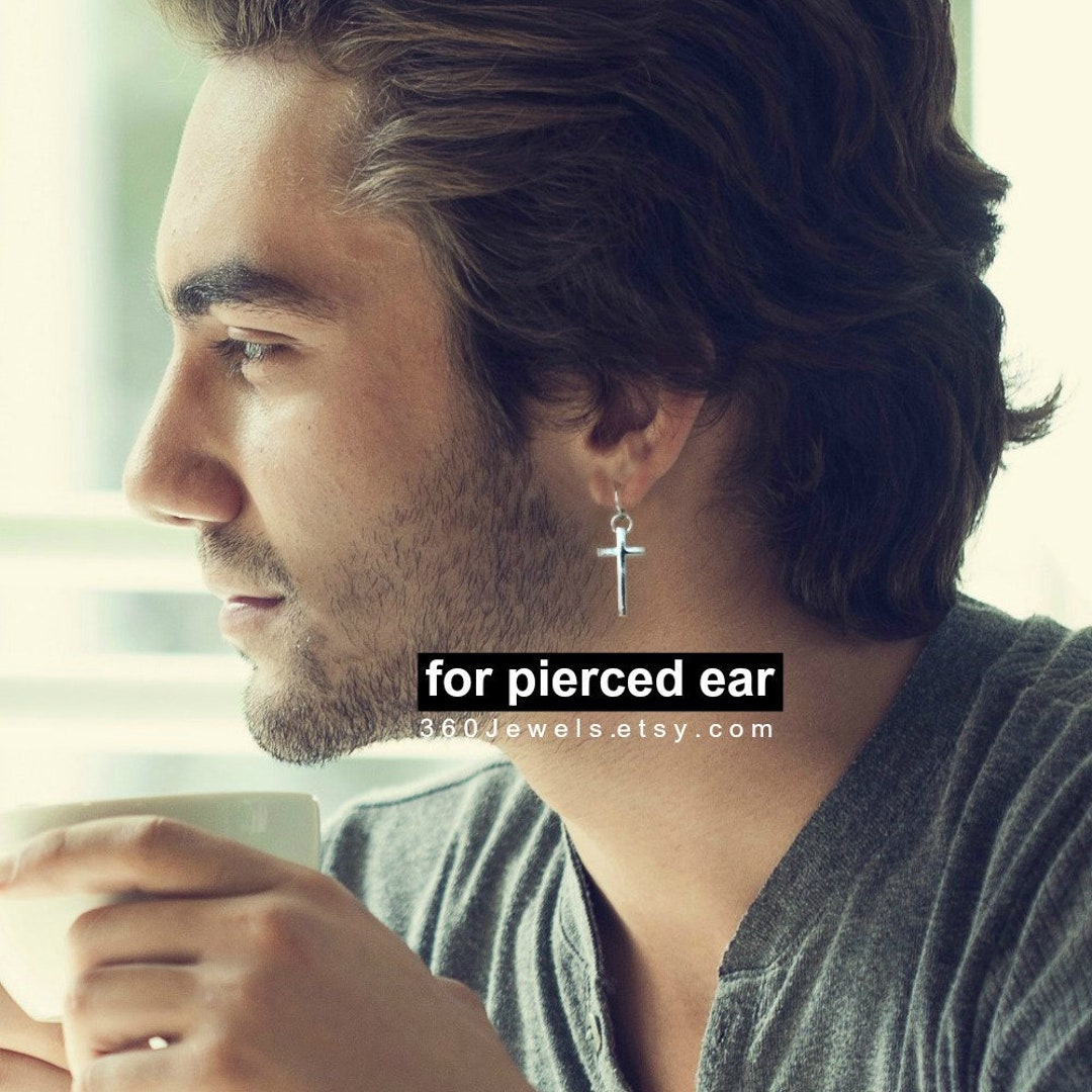 Cross Hoop Earring for Men, Pierced Earring, Smooth Hoop Earring ...