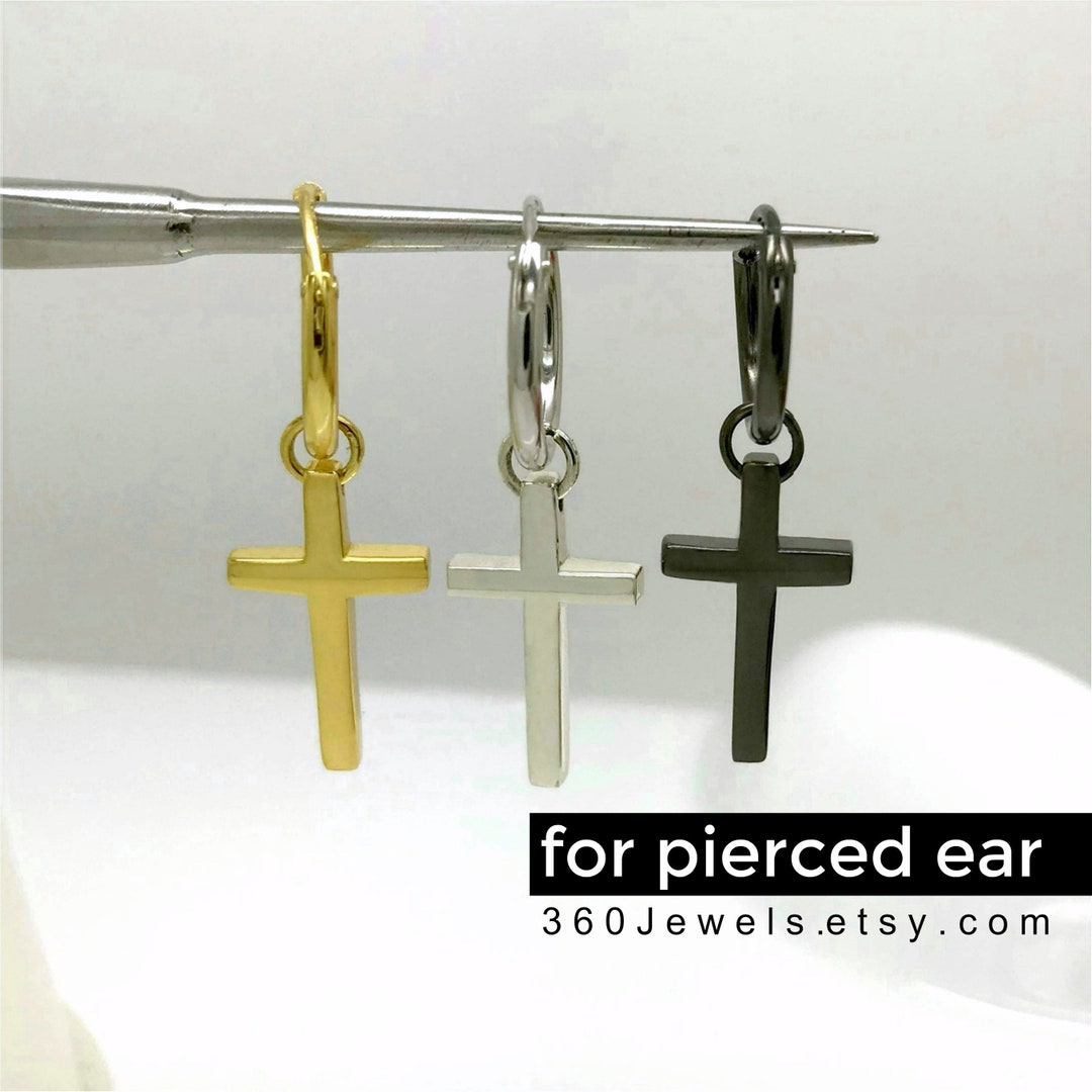 Men's Cross Earring in Gold Silver or Black, Wire Hoop Dangle Cross ...