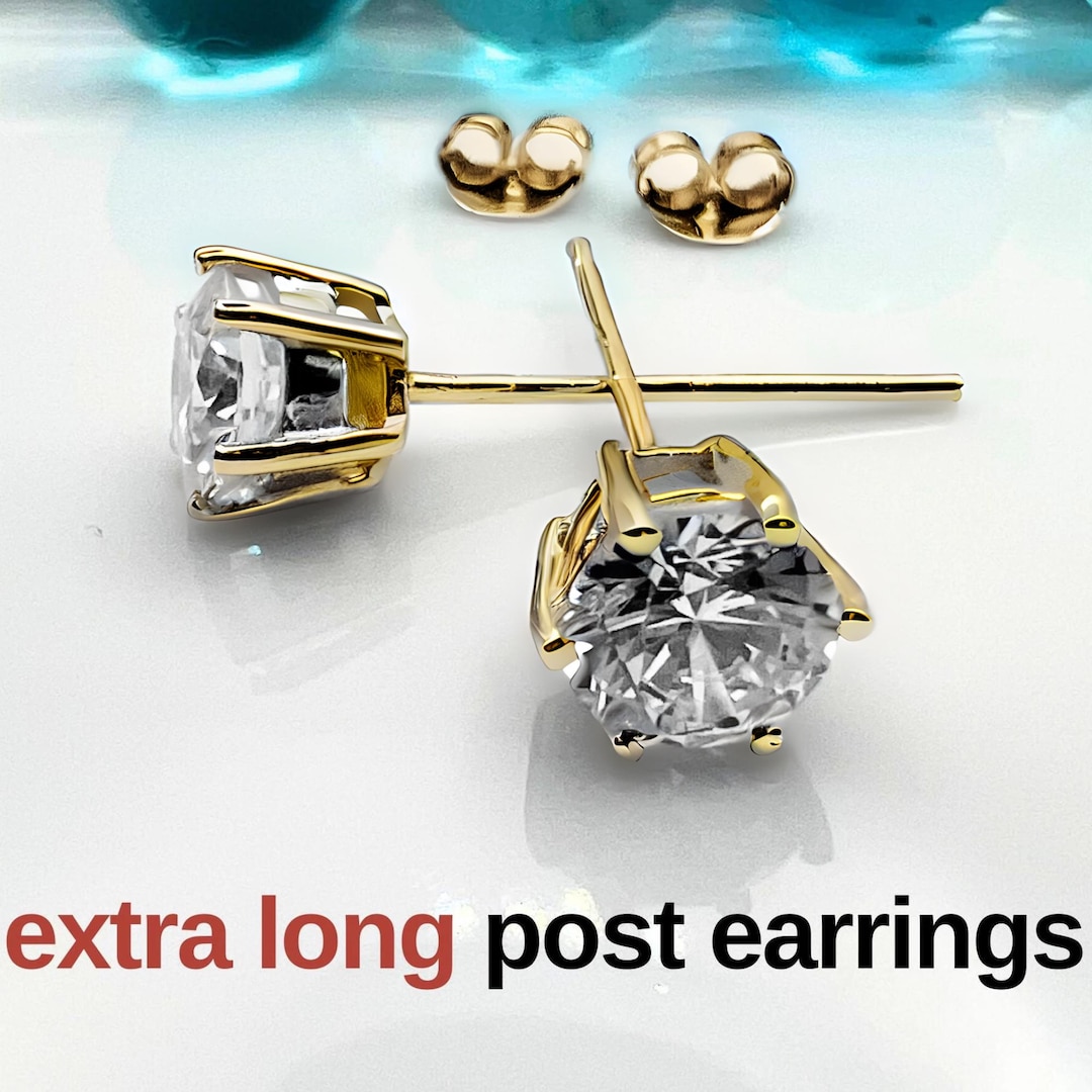 Extra Long Post CZ Diamond Stud Earrings, Thick Earlobes, 14mm, 16mm ...