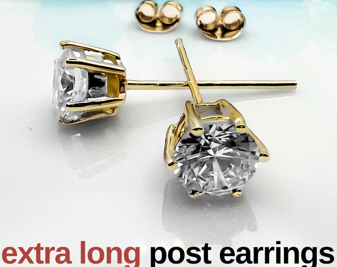 Long Post Earring, Yellow Gold Stud Earrings, Extra Long Post 12mm 14mm ...