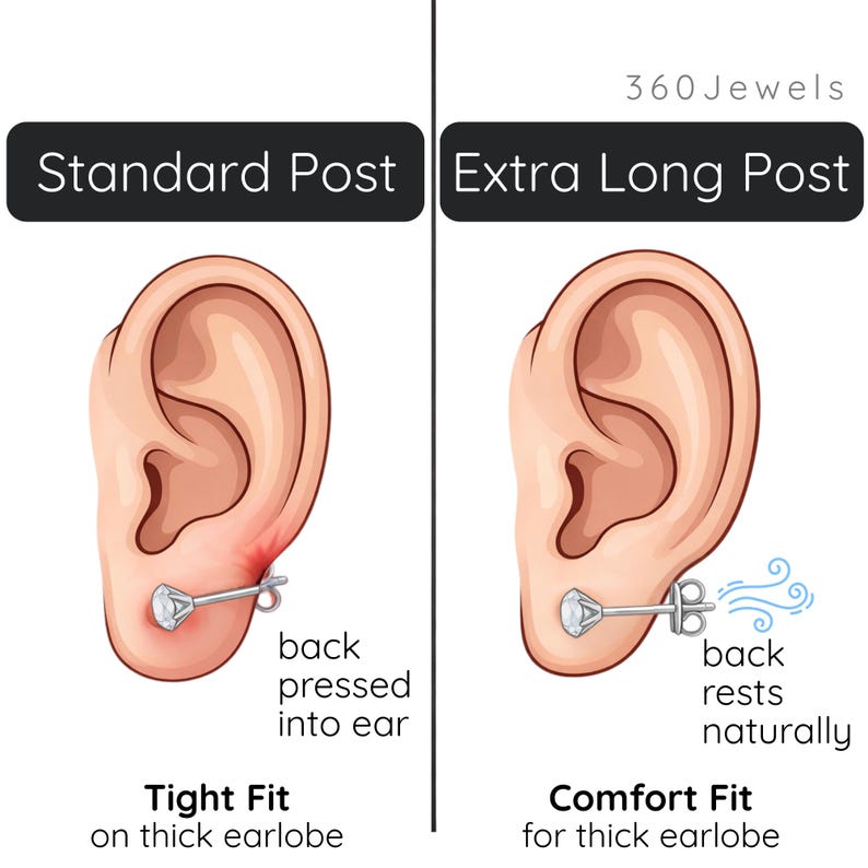 Extra Long Post CZ Stud Earrings for Thick Earlobes | 24K Gold Plate on ...
