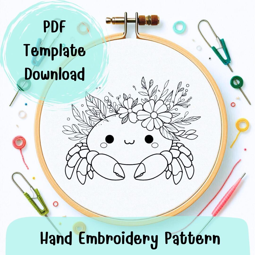 Crab Floral Line Art Hand Embroidery Pattern (PDF Download) - Etsy
