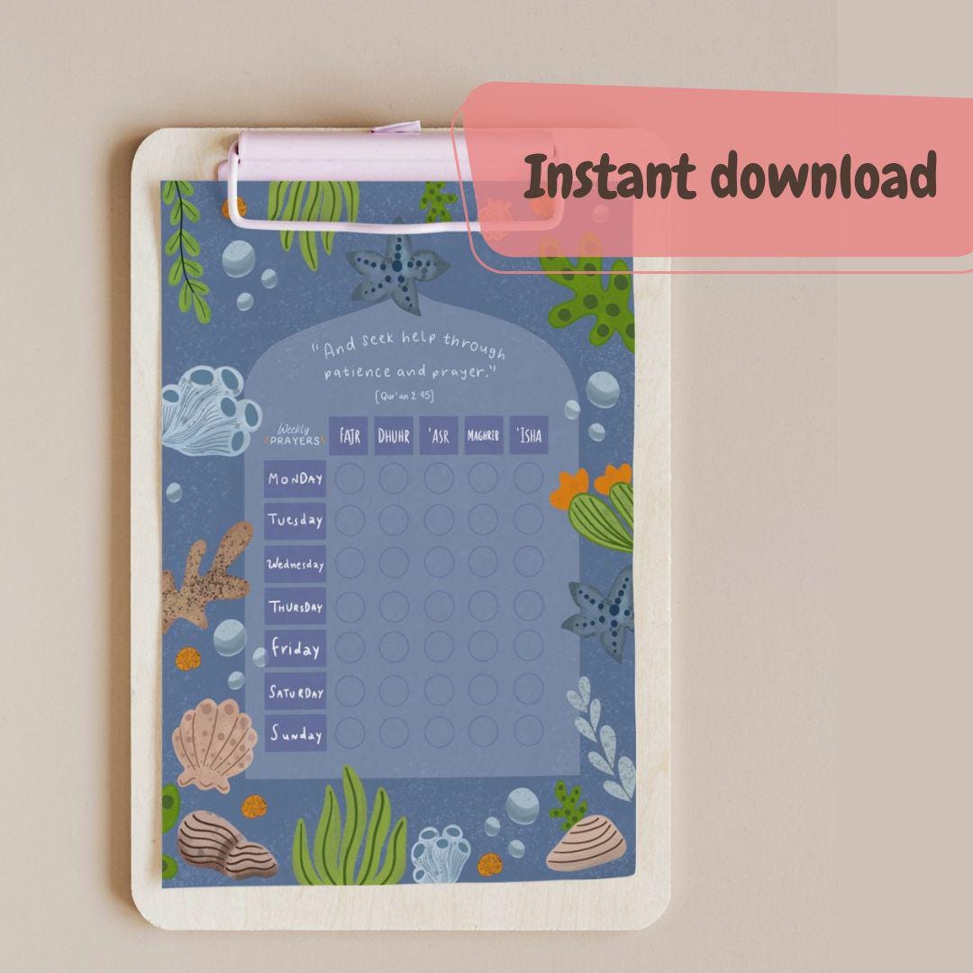 Ocean-themed Kids Salah Tracker Islamic Prayer Chart Daily Prayer ...