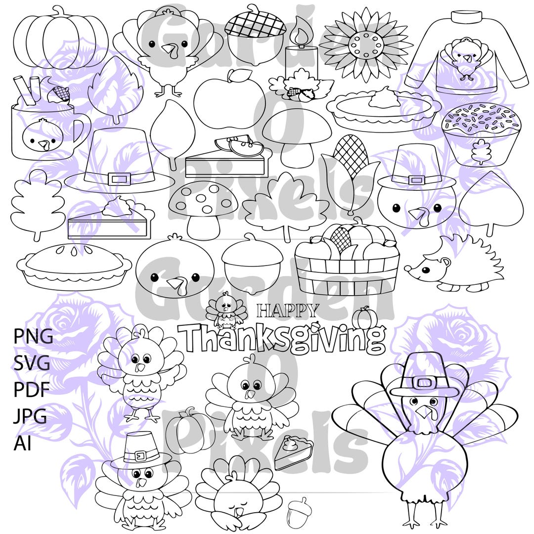 Thanksgiving Digital Stamps Cute Thanksgiving Outlines, Turkey, Fall ...