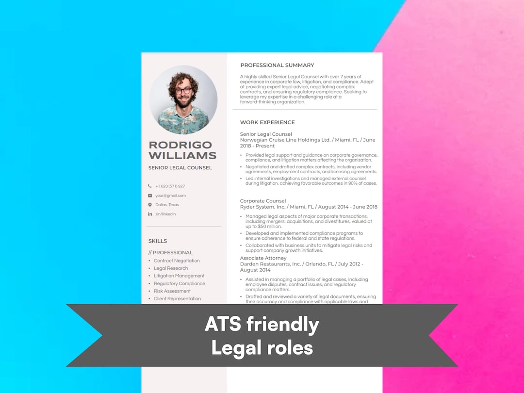 ATS Friendly Legal Resume Template | Word, Google Docs, Mac Pages | 1 ...