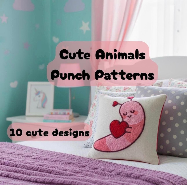 Animal Punch Needle Pattern - 10 Kawaii Designs, Beginner DIY (PDF ...