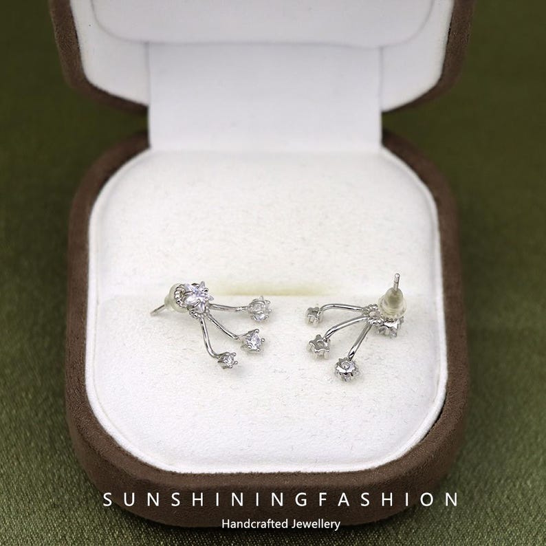 925 Sterling Silver Triple Crystal Star Ear Jacket Stud Earrings ...