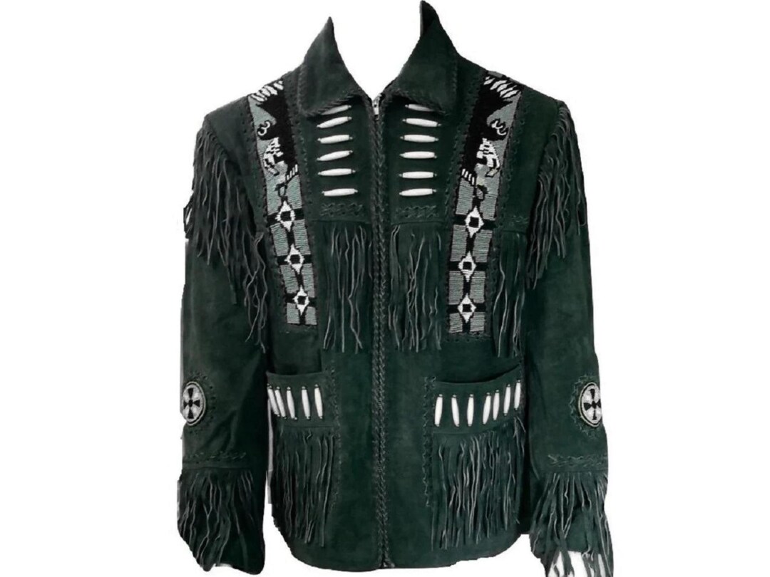 Handmade Men's Green Suede Western Jacket: Beaded Fringe Leather Cowboy ...
