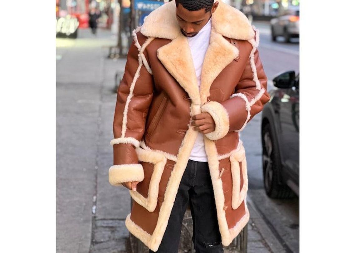 Handmade Shearling Aviator Coat: Men's Brown Leather Fur Trench Coat - Etsy