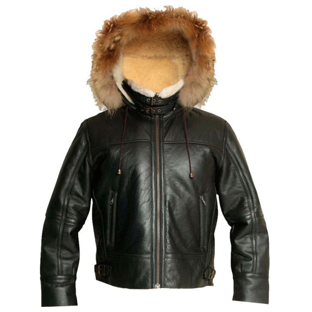 Mens Hooded Flight Bomber Leather Jacket Fur Handmade New Black Leather ...