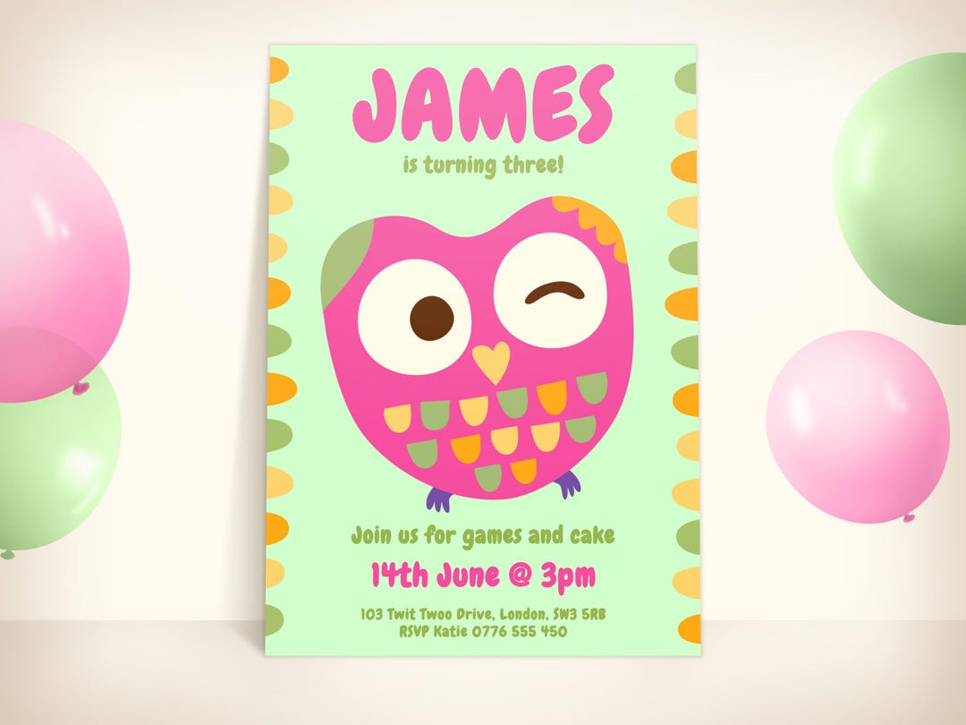 Editable Owl Birthday Invitation Template, Owl Invitation, Kids Party ...