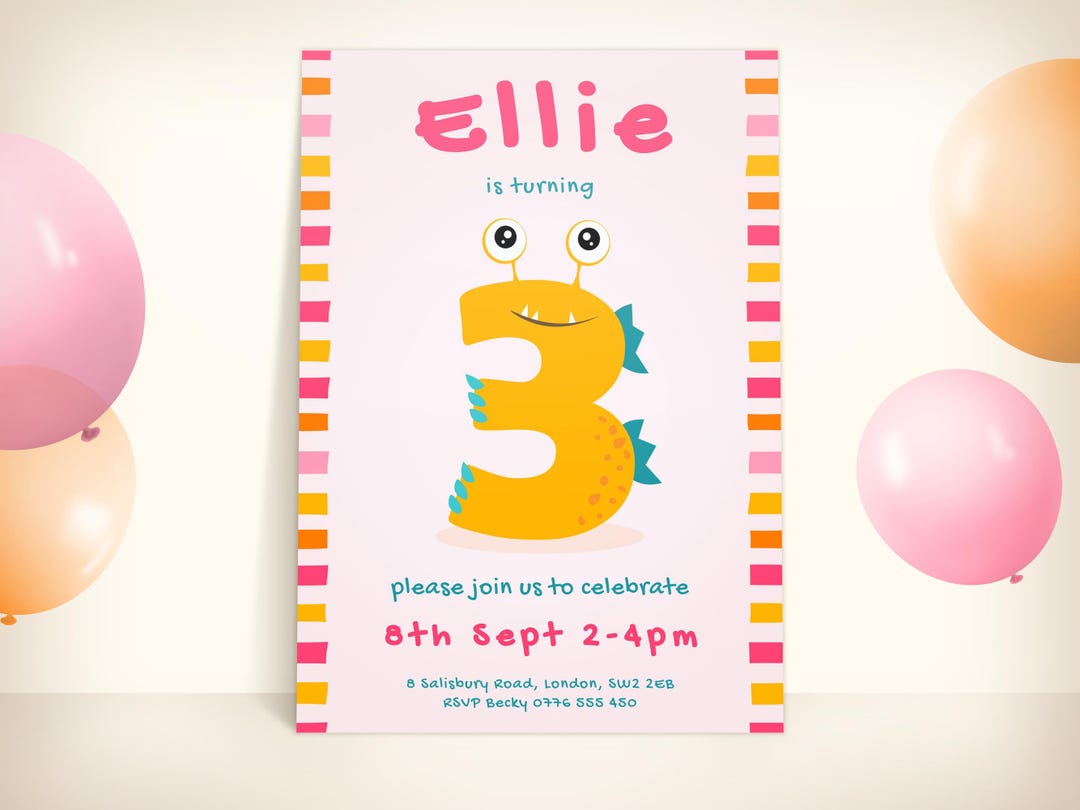 Editable Pink 3rd Birthday Invitation Template, 3rd Birthday Party ...