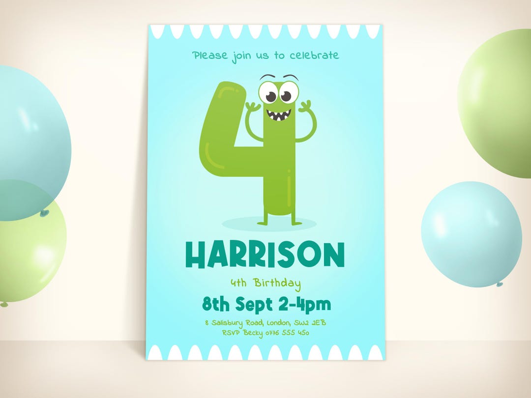 Editable 4th Childrens Birthday Invitation, Four, 4th Party Invitation ...