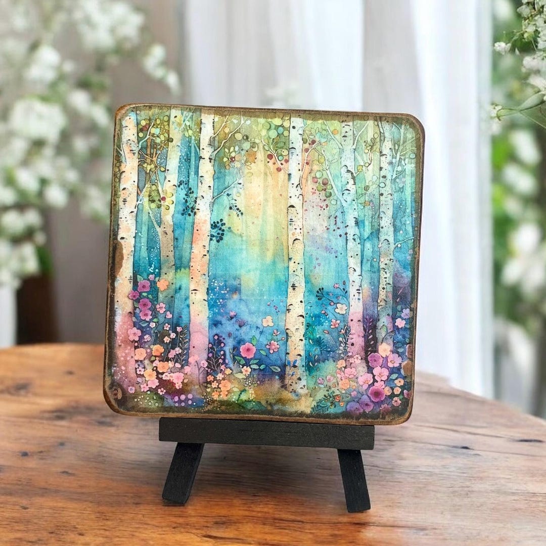 Birchwood Trees Tiny Easel Art, Mini Art Print, Mini Wood Block, Tiered ...