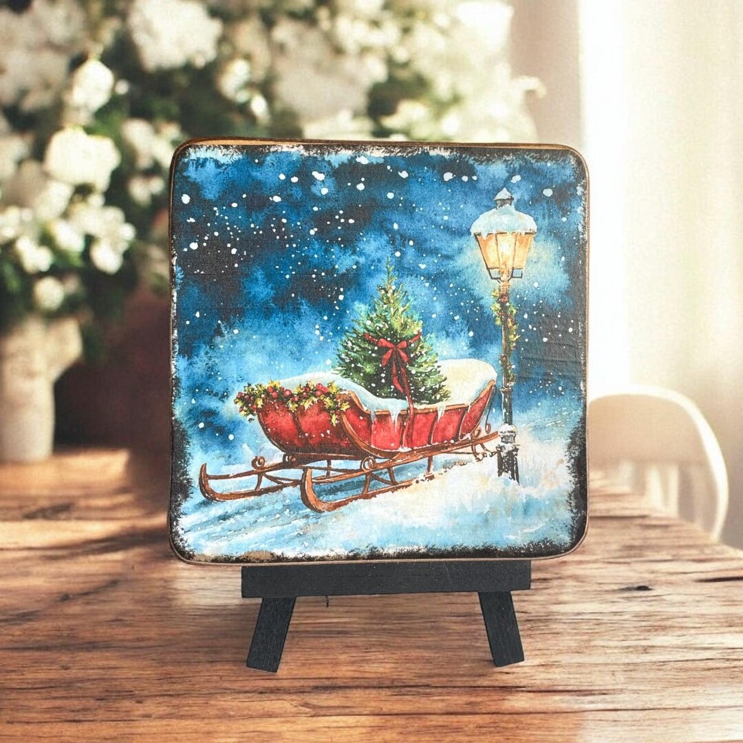 Christmas Sleigh With Tree in Snow Tiny Easel Art, Mini Art Print, Mini ...