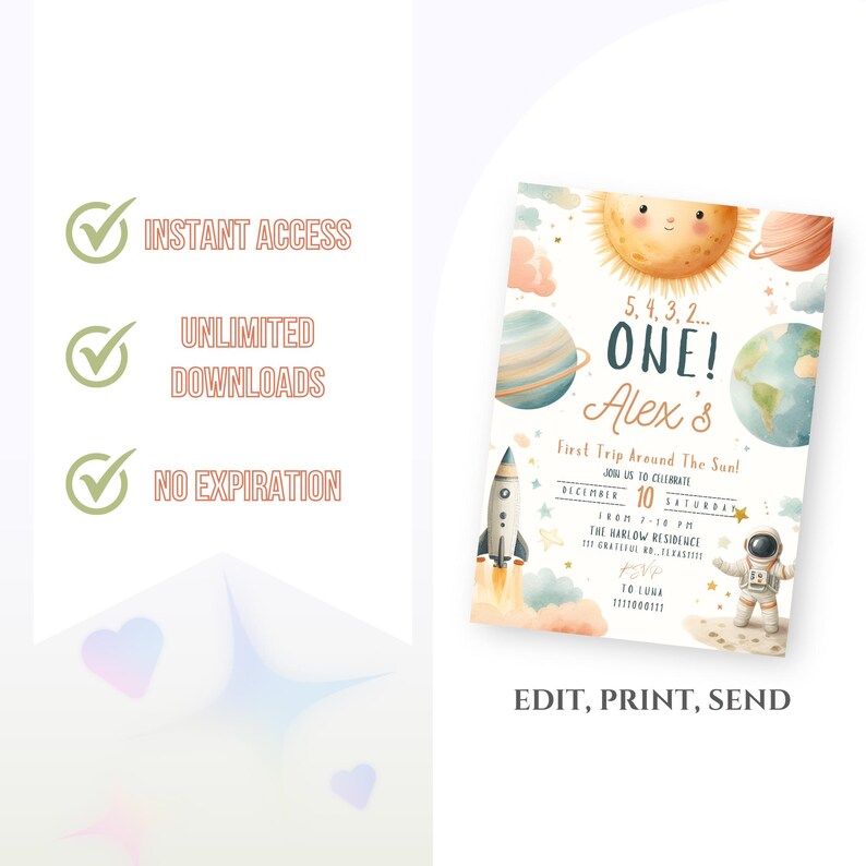 First Trip Around the Sun Birthday Invite Boy, Space 1st Birthday Invitation, Outerspace ...