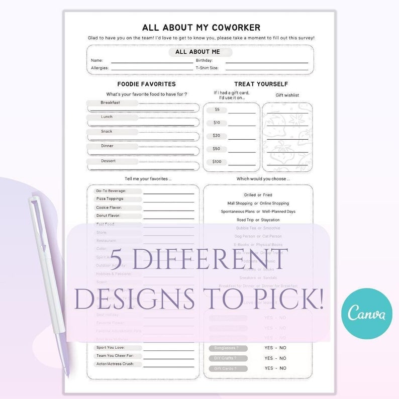 All About My Coworker Printable, Coworker Favorites, New Employee ...