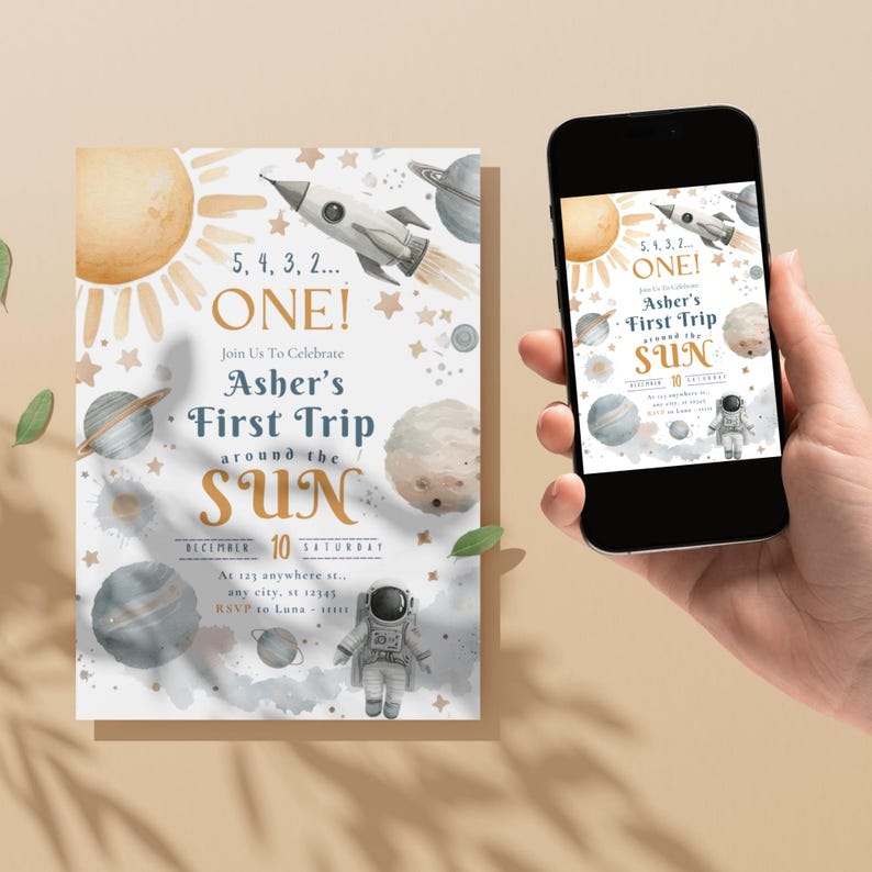 First Trip Around the Sun Birthday Invite Boy, Space 1st Birthday Invitation, Outerspace ...